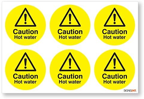 Caution Hot Water Safety Stickers Sign - 6 Pack Self Adhesive 65mm ...