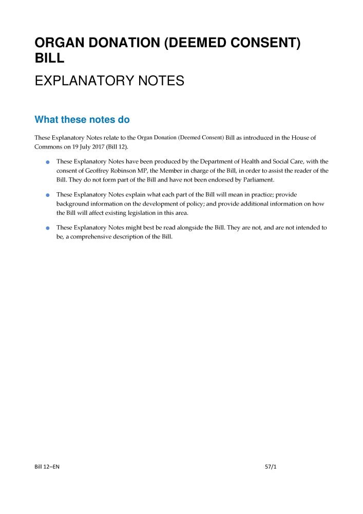 Organ Donation (Deemed Consent) Bill Explanatory Notes (House of ...