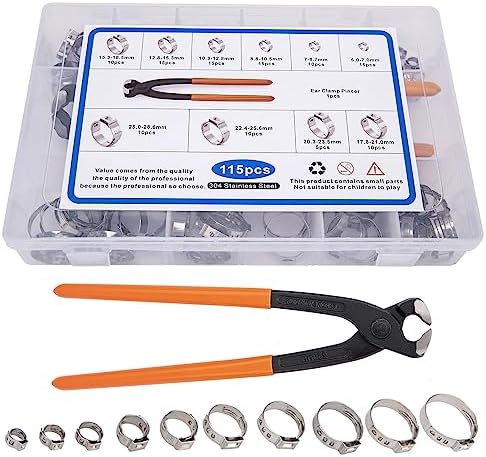 Single Ear Hose Clamps - 115 pcs, 10 Sizes, 304 Stainless Steel ...