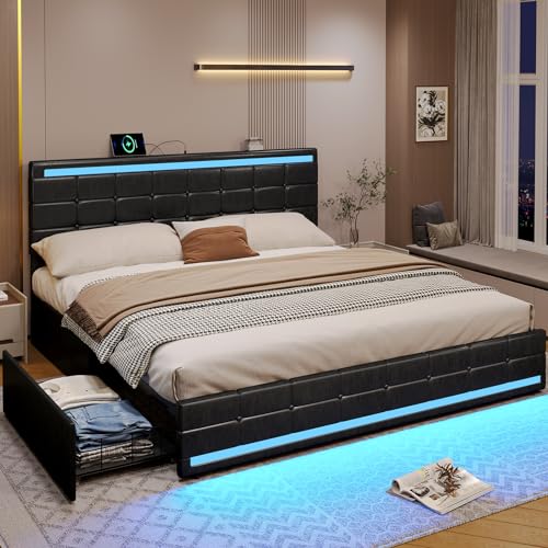 ADORNEVE LED King Bed Frame with Storage Drawers, King Platform Bed ...