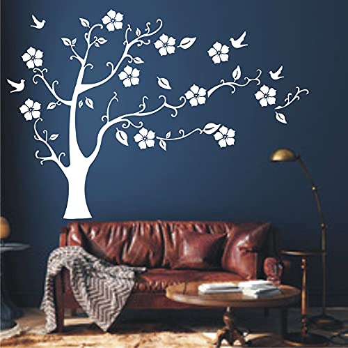 Suman Wall Sticker Tree with Birds Flower Wall Sticker White Wall Decal ...