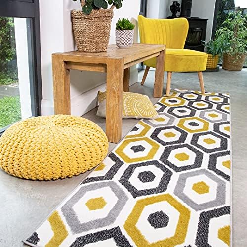 Long Patchwork Geometric Diamond Ochre Yellow Grey Cream Rug Soft Plush ...