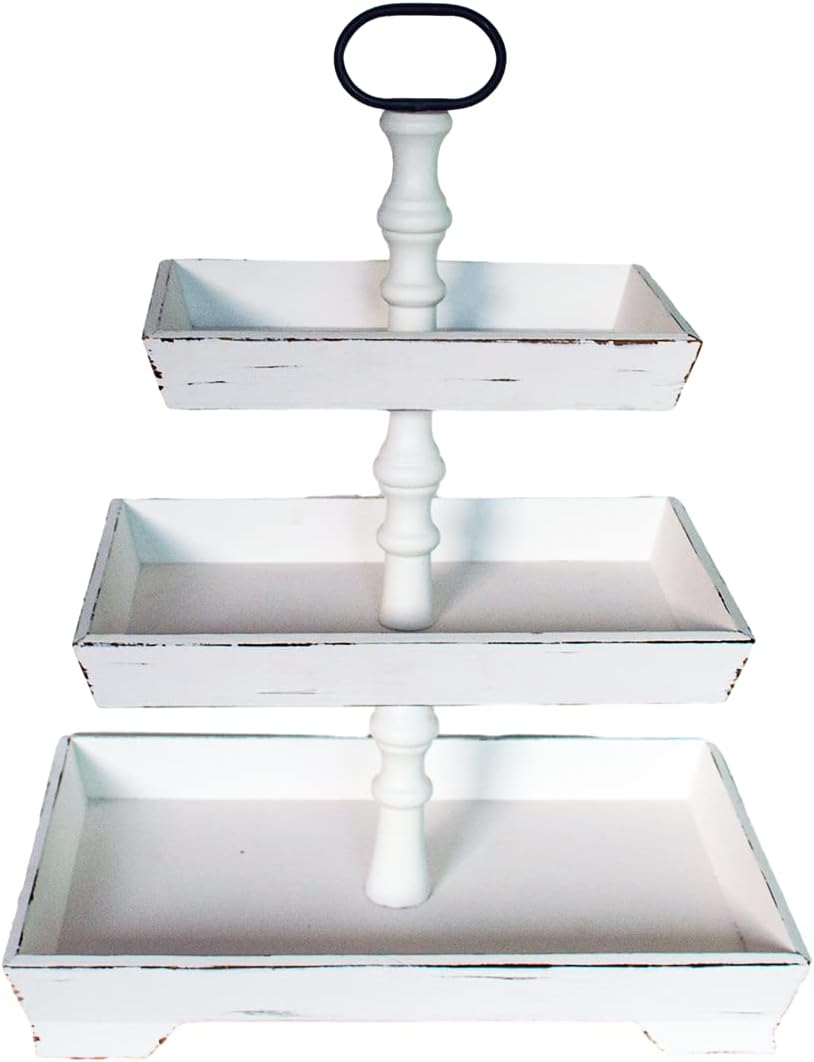 Amazon.com: Large Rectangle Rustic Wood Three Tiered Tray, 3 Tier ...