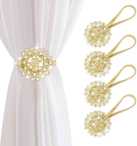 AULEEP Magnetic Curtain Tiebacks, 4 Pack Magnetic Crystal Decorative ...