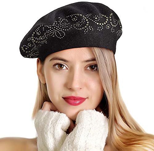 LADYBRO Barre Hat Wool Beret Hats for Women Rhinestone Womens Hats and ...