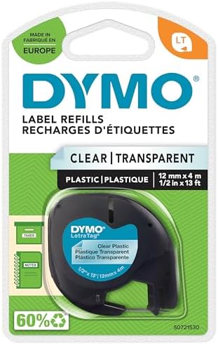 DYMO Authentic LT Plastic Labels | 12 mm x 4 m Roll | Black Print on ...