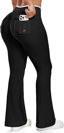 SEASUM Women's Cross-Waist Flare Leggings with Cargo Pockets, White ...