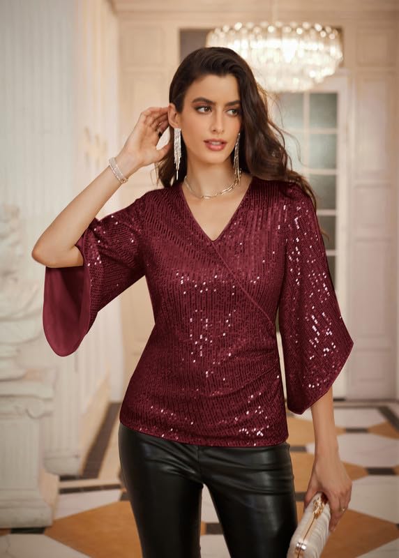 Snapklik.com : Sparkly Tops For Women Sequin V-Neck Slim Fit Cocktail ...