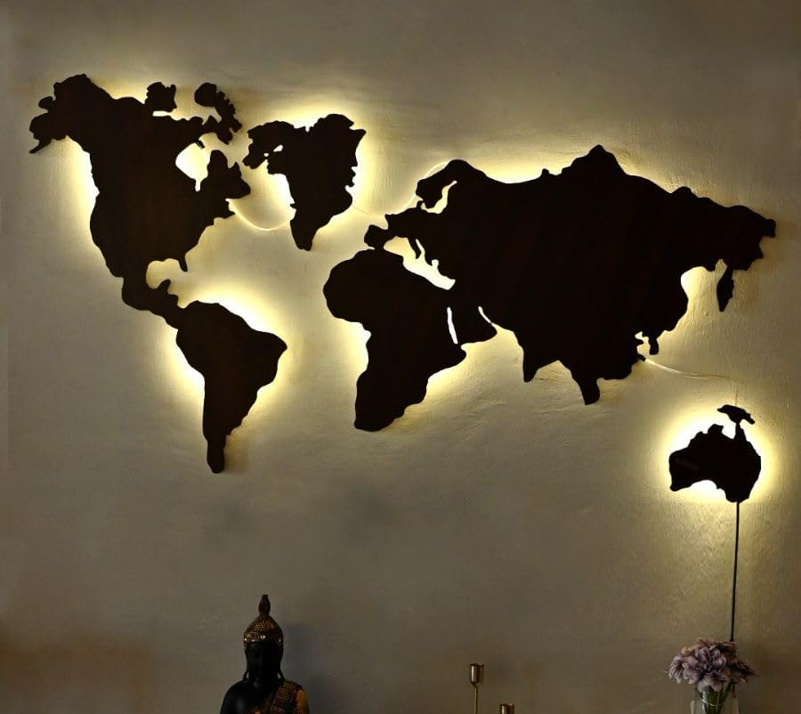 DEKORSTATION World Map Warm White Backlit Wood Wall Decor & Night Light ...