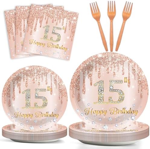Amazon.com: 96Pcs 15th Birthday Party Plates and Napkins for 15 Year ...