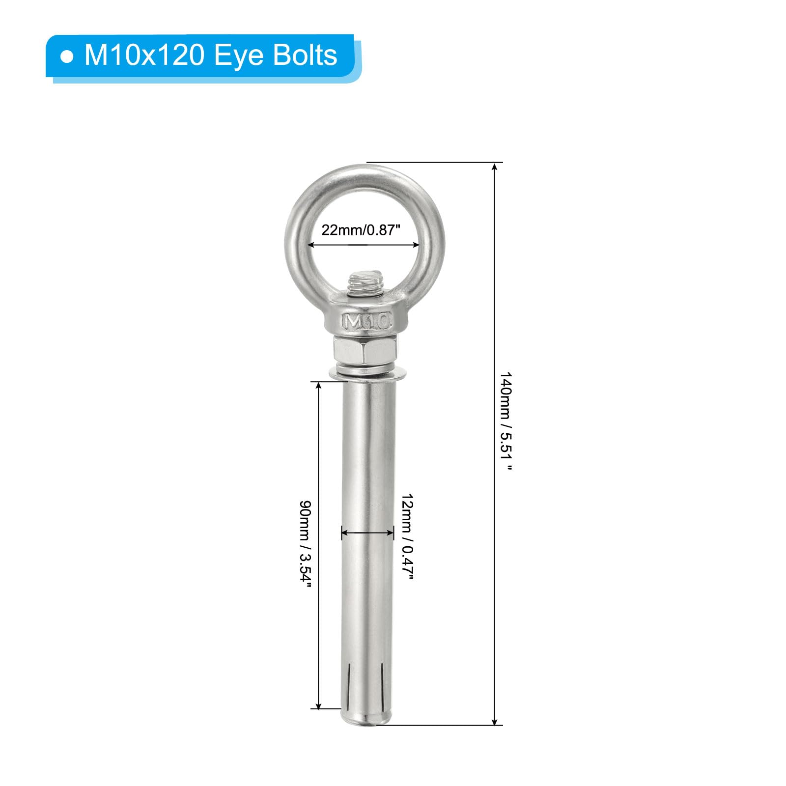 PATIKIL Expansion Eye Bolt M10x120mm, 2 Pack 304 Stainless Steel ...