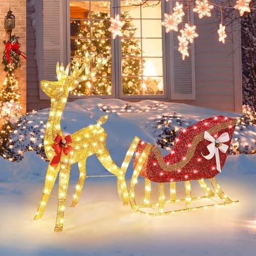 Yaheetech 4ft Lighted Christmas Reindeer & Santa Sleigh Set, Light-up ...