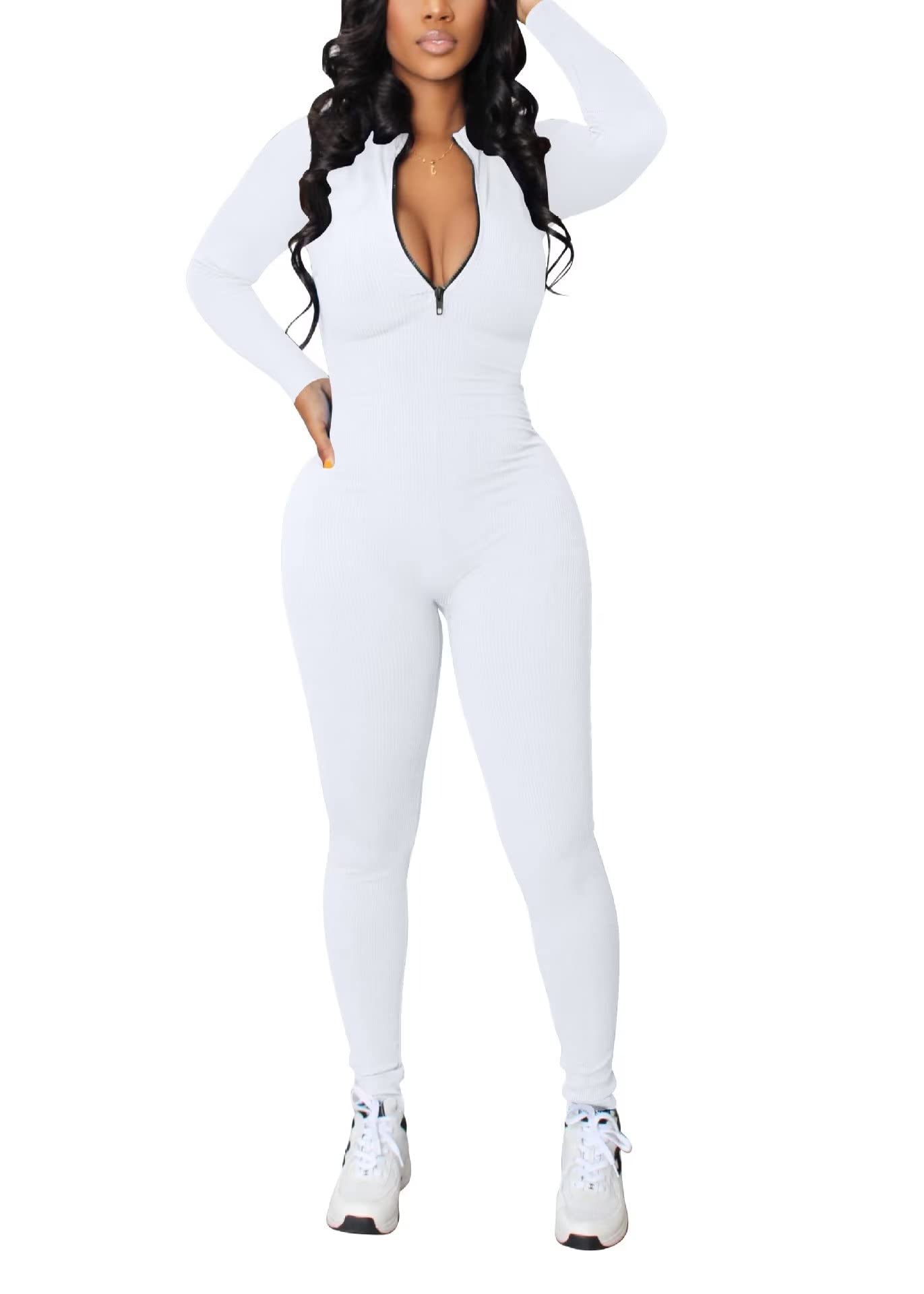 Women Sexy Rib Zip up Bodycon Jumpsuit Romper Long Sleeve One Piece ...