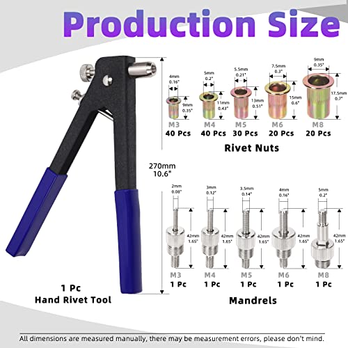 Swpeet 151Pcs M3 M4 M5 M6 M8 Rivet Nut with 10.6Inch Hand Rivet Tool ...