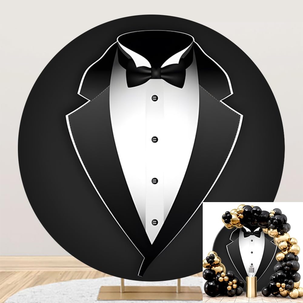 Amazon.com : OERJU Tuxedo Round Backdrop Cover Black and White Bow Tie ...