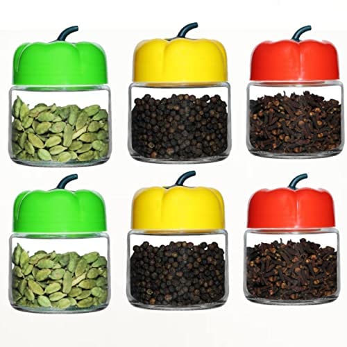 ZELOVI 6Pieces 2 Set Capsicum Shape Round Glass Jar 200ml Multicolor ...