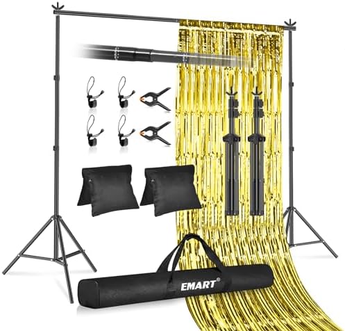 EMART Backdrop Stand Kit 2mx2m With Gold Foil Fringe Curtain ...