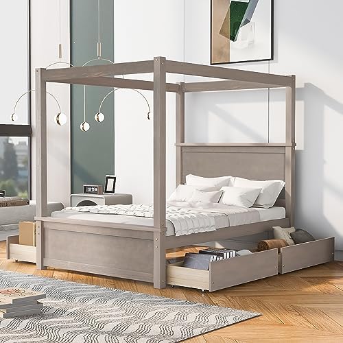 Amazon.com: Full Size Canopy Bed with 4 Storage Drawers, 4-Post Wood ...