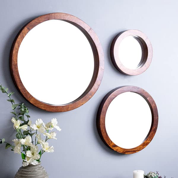 Buy wellgoodhouse Wooden Designer Mirror | Round Shape | Brown Frame ...