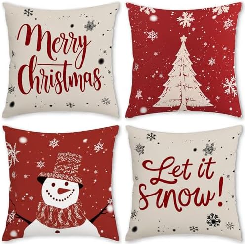 Amazon.com: PRESENCE 18×18 Christmas Pillow Covers, Set of 4 Red ...