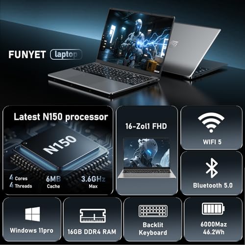 FUNYET Laptop Computer, Notebook 16 Inch 16GB RAM 1TB SSD, N150 ...