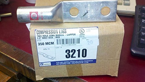 350 MCM COPPER 2 HOLE COMPRESSION LUGS. YA312N. LONG BARREL 1/2" HOLE ...