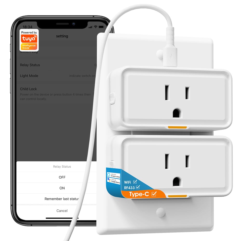Smart Plug with Type-C Port and WiFi+RF433, 15A Smart Outlet Compatible ...