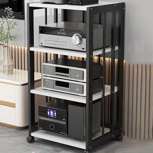 Modern 5-Tier Audio Stand with Wheels - Stylish Black & White Media ...