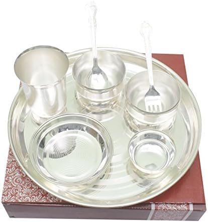 INDIAN ART VILLA Silver Plated 7 Piece Embossed Design Dinner Set with ...