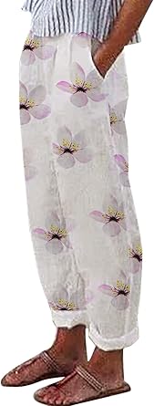 YOUMETO Floral Print Comfy Ladies Capris High Rise Women Linen Capri ...