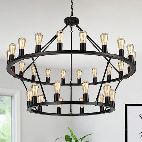 Senyshilon Black Wagon Wheel Chandelier, 2 Tier Farmhouse Chandeliers ...