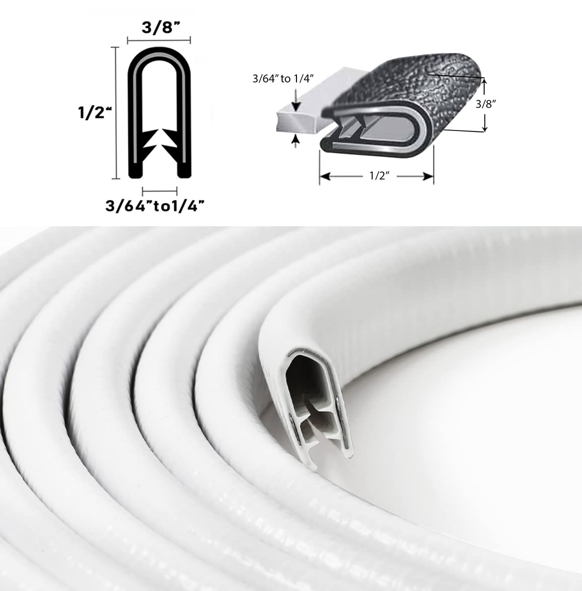 Edge Trim U-Channel Weather Stripping 1/2" X 3/8" Fit Gap 3/64"to1/4 ...