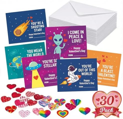 Amazon.com : 30 Pack Space Valentines Day Cards for Kids Classroom ...