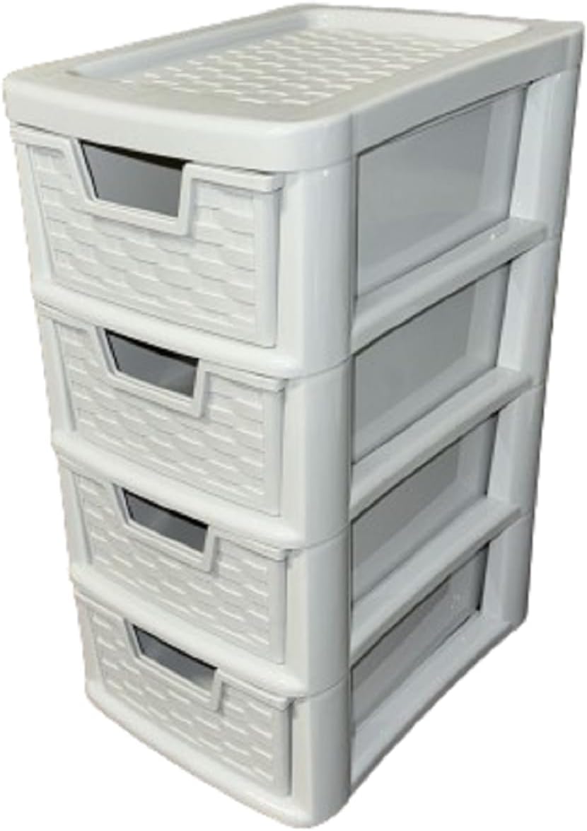 Storage Drawer Unit 4 Drawer | Small Rattan Style Light Grey Plastic ...