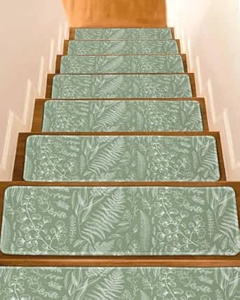 Stair Treads for Wooden Steps, Abstract Ferns Leaves on Sage Green Non ...