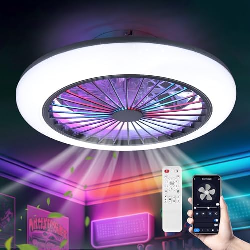 KINGTORO Low Profile RGB Ceiling Fans with Light, Flush Mount Smart ...