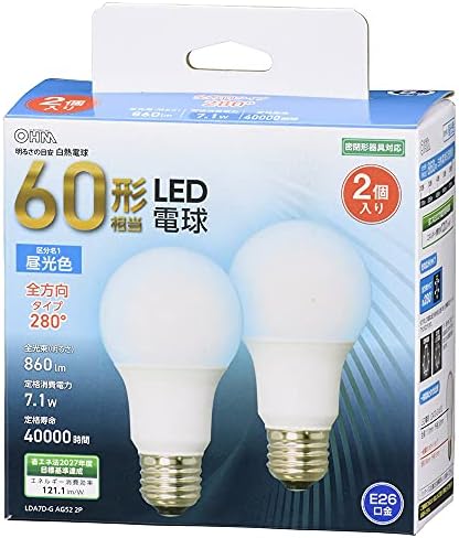 Amazon | オーム電機 LED電球 E26 60形相当 広配光 昼白色 2個入_LDA7N-G AG53 2P 06-3300 OHM | オーム(OHM) | LED電球