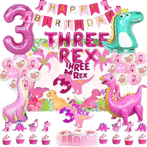 Amazon.com: HEETON 80Pcs Girl Three Rex Birthday Party Supplies Plates ...