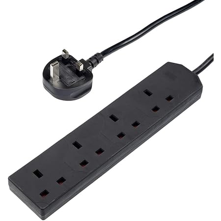 4-Gang Extension Trailing Lead - Black Multi Plug Power Cable - 1m / 2m ...