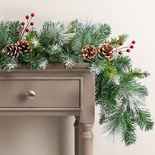 Christow Flocked Christmas Garland with Pine Cones & Berries, Luxury ...