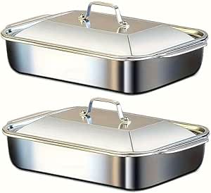 Amazon.com: Stainless Steel Roasting Pan Set with Lids - 2 Piece, Heavy ...