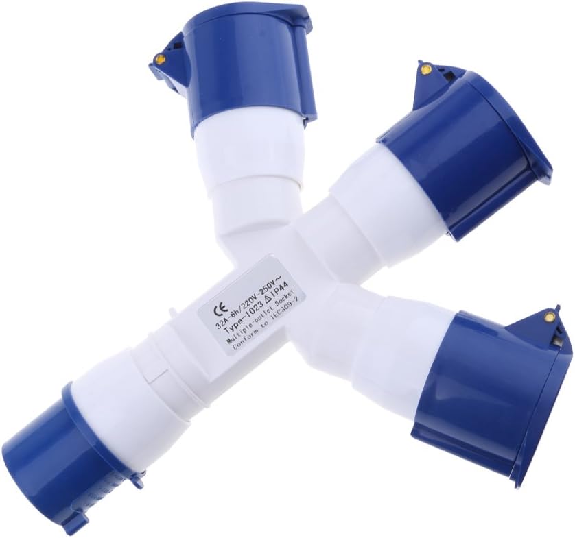 3 Way Splitter 220V 32A 3Pin Blue Industrial Plug Sockets Adaptor IP44 ...