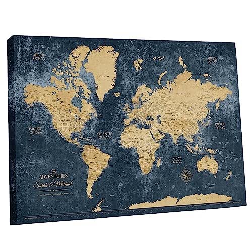 Amazon.com: Holy Cow Canvas Personalized Push Pin World Travel Map with Pins, Gold & Navy World ...