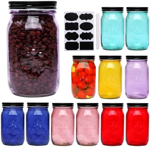 Amazon.com: 12 Pieces 32 oz Colored Mason Jars Glass Mason Jars with ...