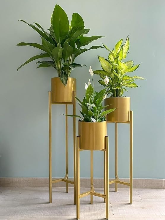 Mishy Wood Golden Tall Indoor Plant Stand | Modern Metal Planter ...
