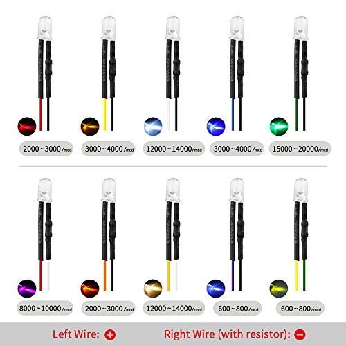 Snapklik.com : 100Pcs 5MM Pre Wired 12V Yellow Light LED Diodes, 9.4 ...