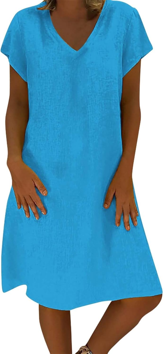 MJGkhiy Sommerkleider Damen Baumwolle Und Leinen Rundhals Kleid ...