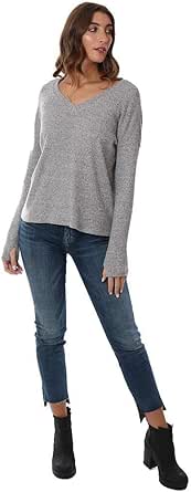 RED HAUTE Tops V Neck Long Sleeve Cutout Back Soft Grey Knit Top at ...