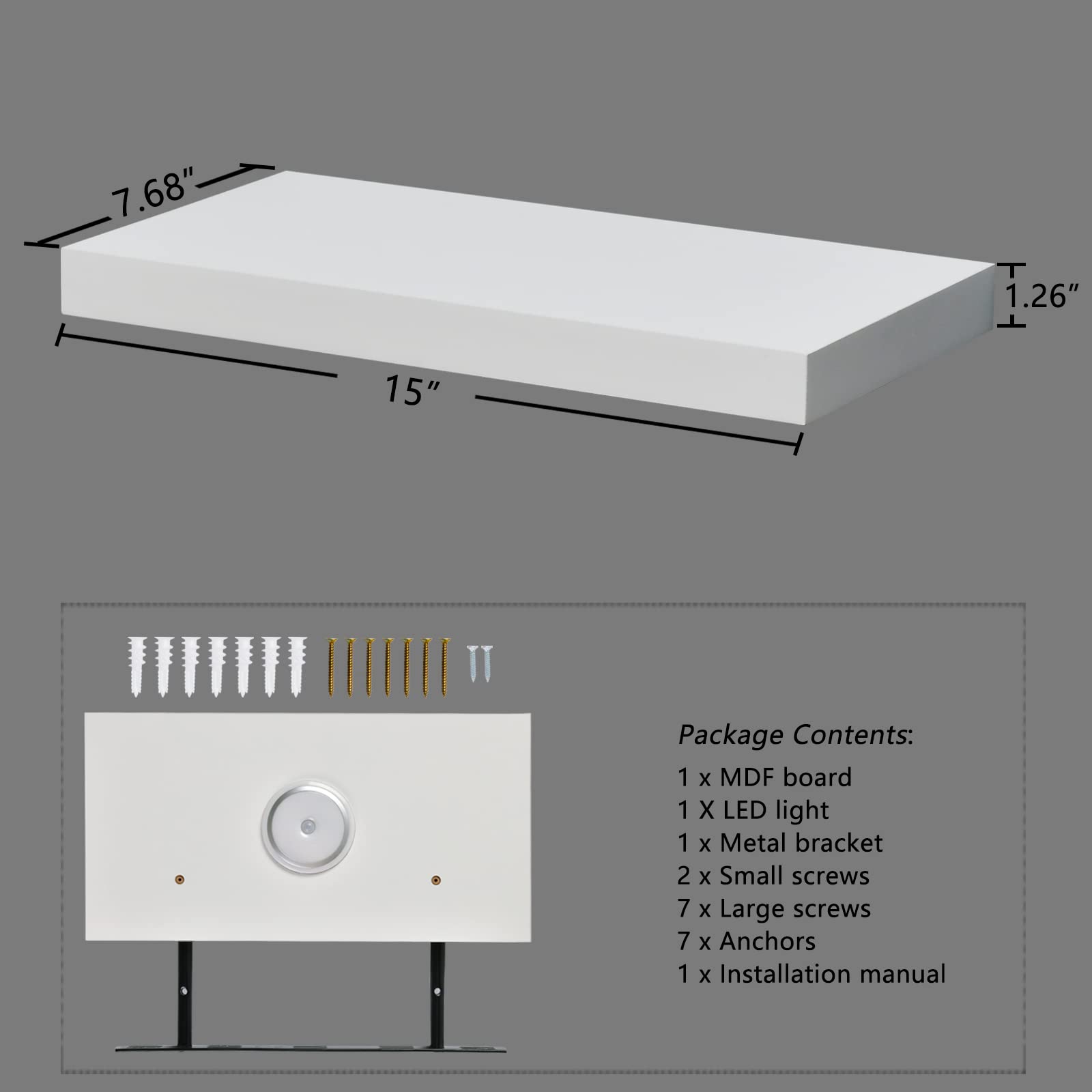 WELLAND White Floating Shelf with Motion Sensor Light, Wall Mounted ...