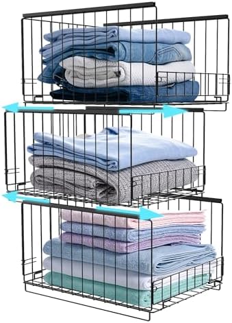 3-Pack Stackable Wire Storage Baskets, Sliding Closet Organizers and ...